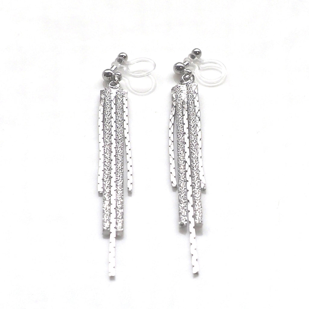Long silver metallic chain invisible clip on earrings – Miyabi Grace