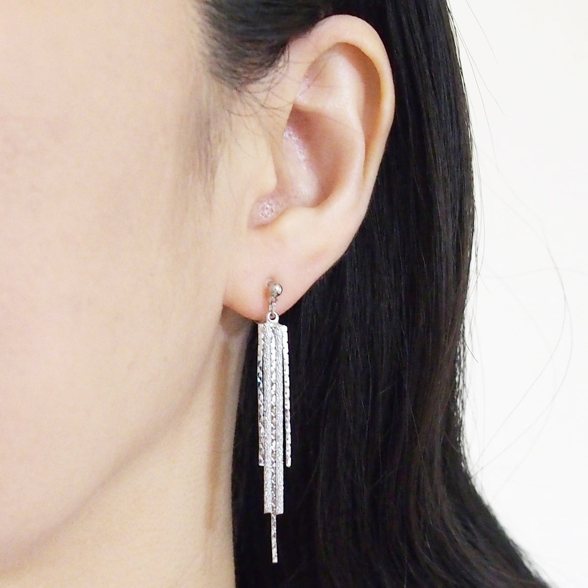 Long silver metallic chain invisible clip on earrings – Miyabi Grace